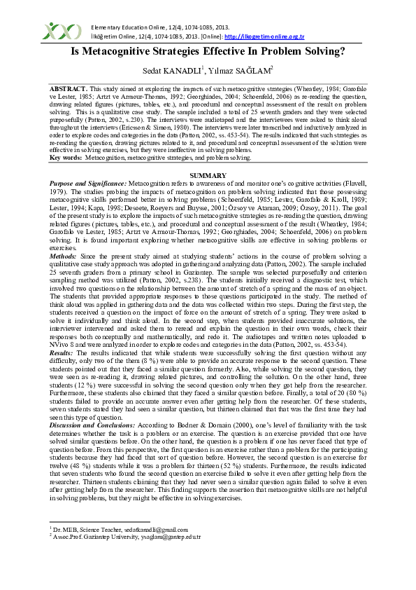(PDF) Is Metacognitive Strategies Effective In Problem Solving | sedat ...