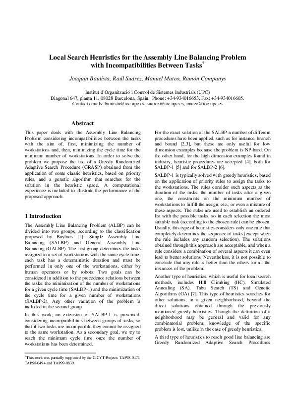 (PDF) Local search heuristics for the assembly line balancing problem with incompatibilities ...