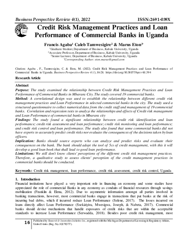 (PDF) Credit Risk Management Practices and Loan Performance of ...