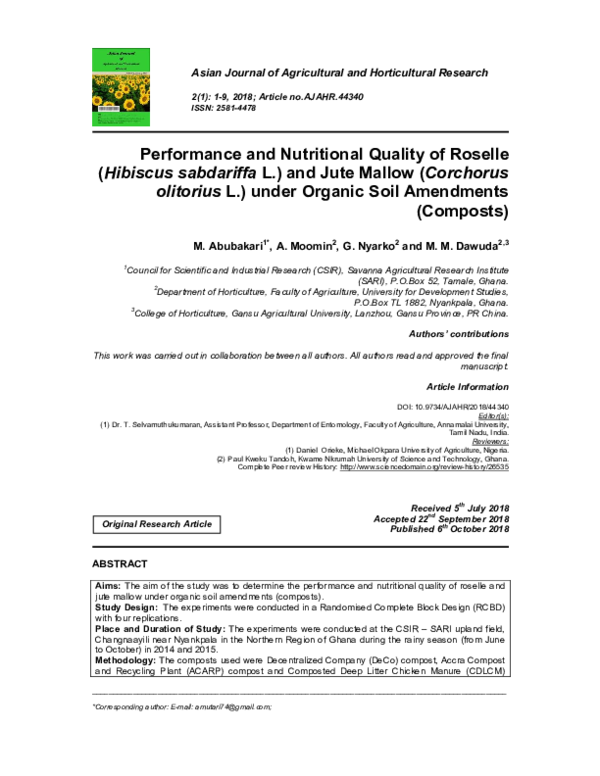 (PDF) Performance and Nutritional Quality of Roselle (Hibiscus sabdariffa L.) and Jute Mallow ...