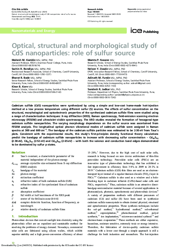 (PDF) Optical, structural and morphological study of CdS nanoparticles: role of sulfur source