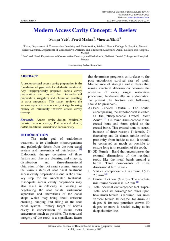 Pdf Modern Access Cavity Concept A Review