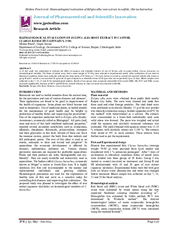 (PDF) Haematological Evaluation of Eclipta Alba Root Extract in Catfish ...
