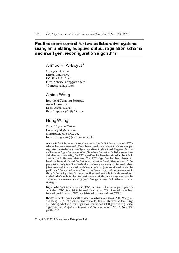 (PDF) Fault tolerant control for two collaborative systems using an updating adaptive output ...