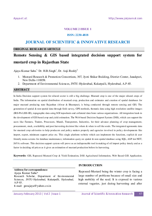 (PDF) Remote Sensing & GIS based integrated decision support system for mustard crop in ...