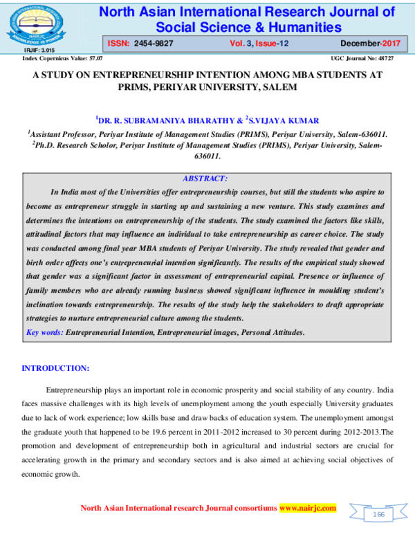 (PDF) A Study on Entrepreneurship Intention Among Mba Students at Prims ...