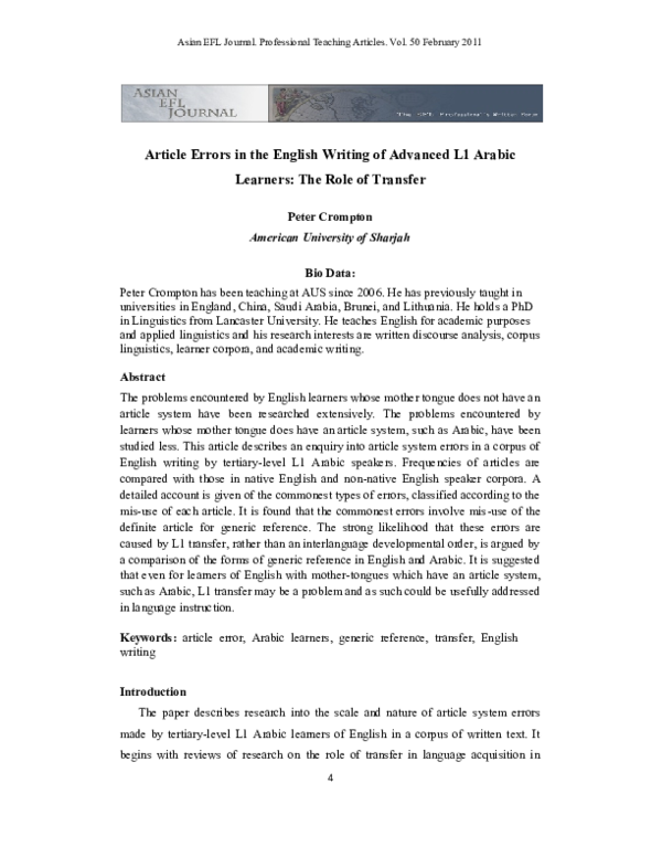 Pdf Article Errors In The English Writing Of Advanced L1 Arabic Learners The Role Of Transfer