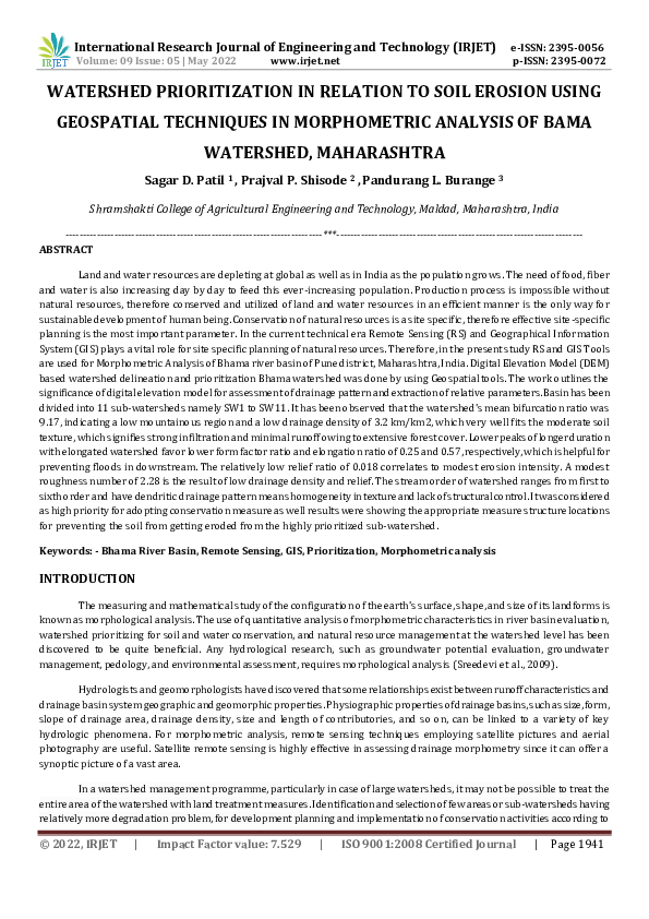(PDF) WATERSHED PRIORITIZATION IN RELATION TO SOIL EROSION USING GEOSPATIAL TECHNIQUES IN ...