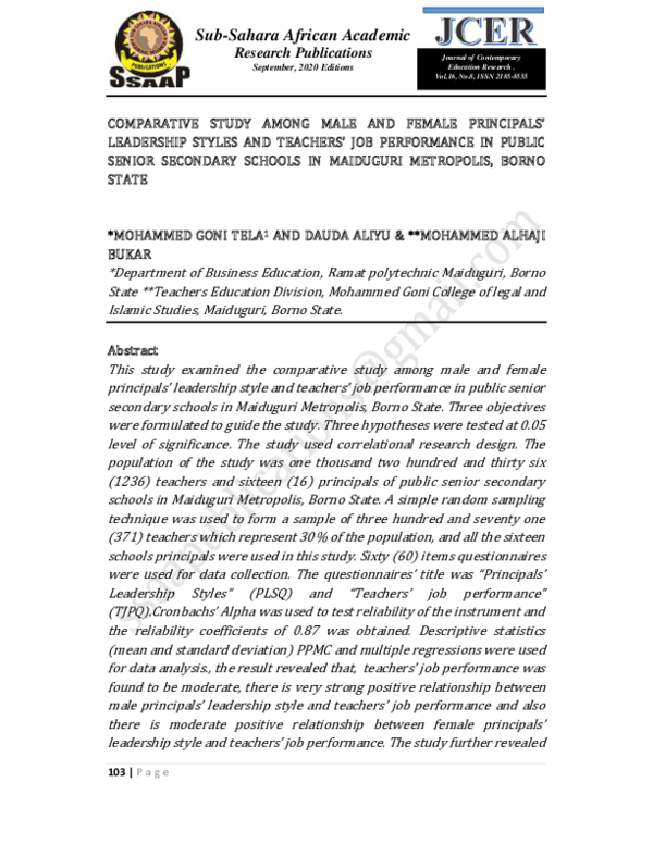 (PDF) Comparative Study Among Male and Female Principals’ Leadership Styles and Teachers’ Job ...