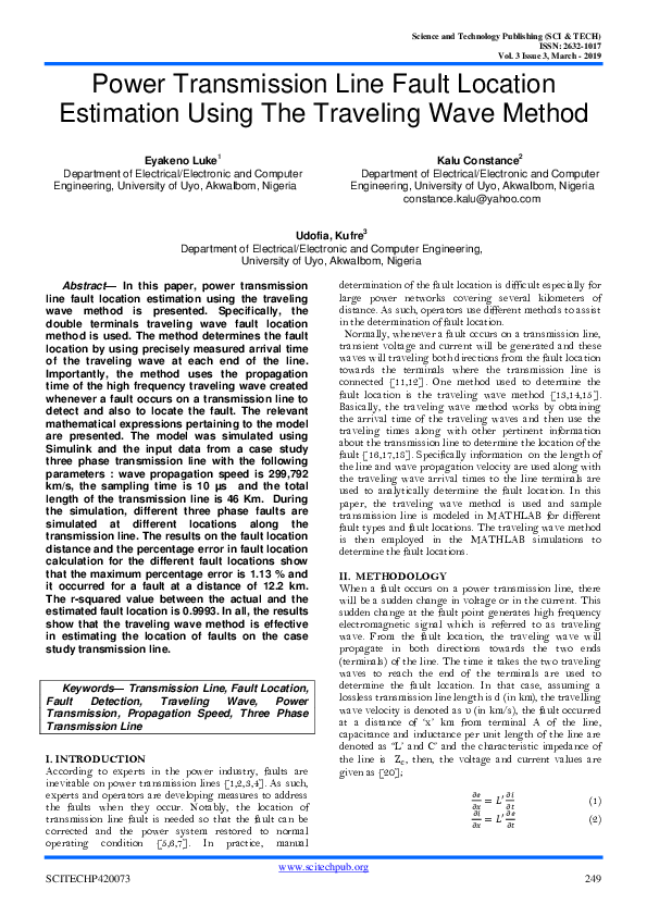 Pdf Power Transmission Line Fault Location Estimation Using The Traveling Wave Method