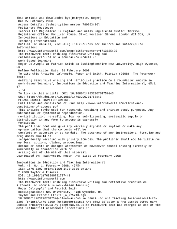 The Patchwork Text: enabling discursive writing and reflective practice ...