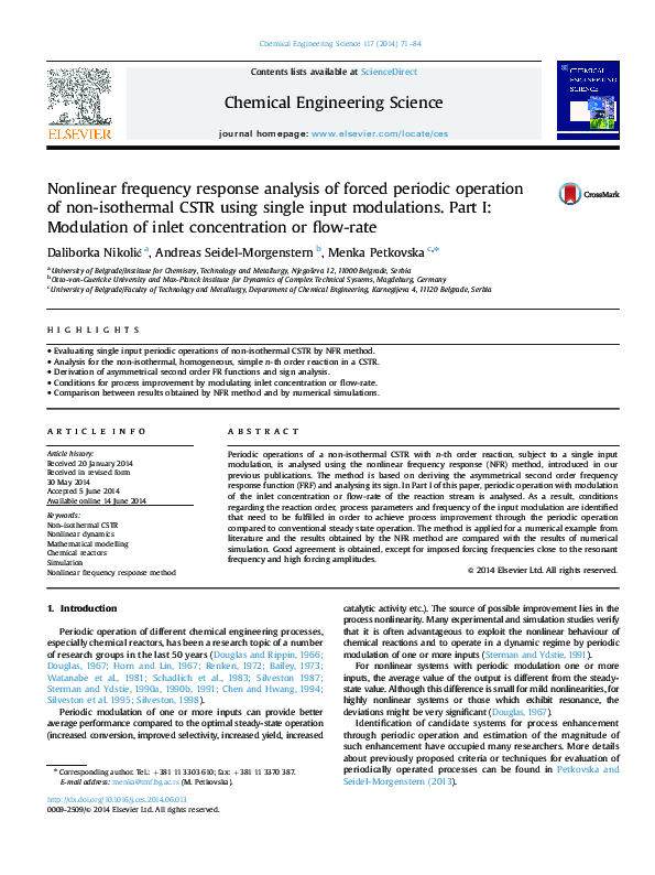 Pdf Nonlinear Frequency Response Analysis Of Forced Periodic Operation Of Non Isothermal Cstr