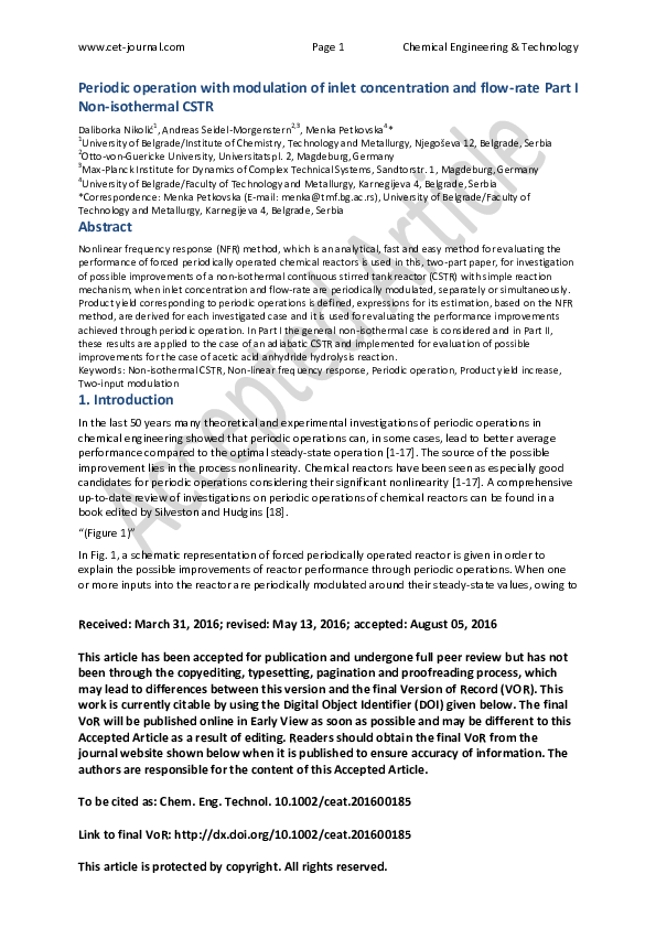 (PDF) Periodic Operation with Modulation of Inlet Concentration and ...