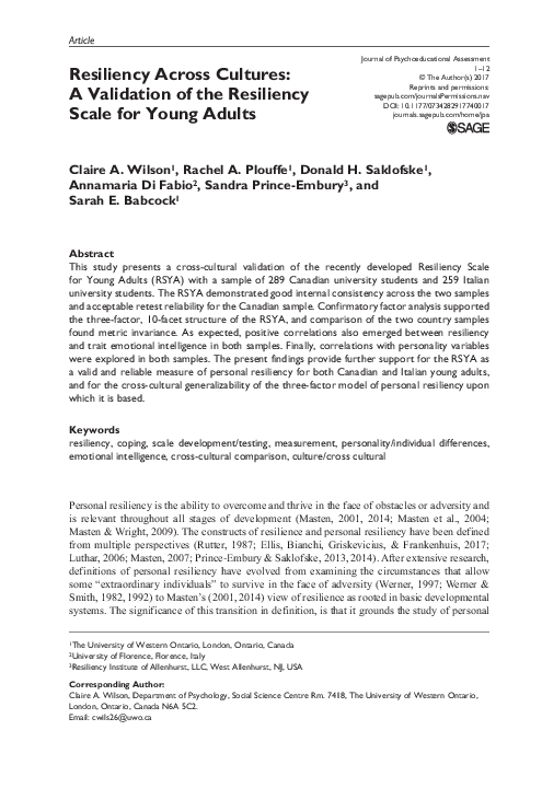 Pdf Resiliency Across Cultures A Validation Of The Resiliency Scale
