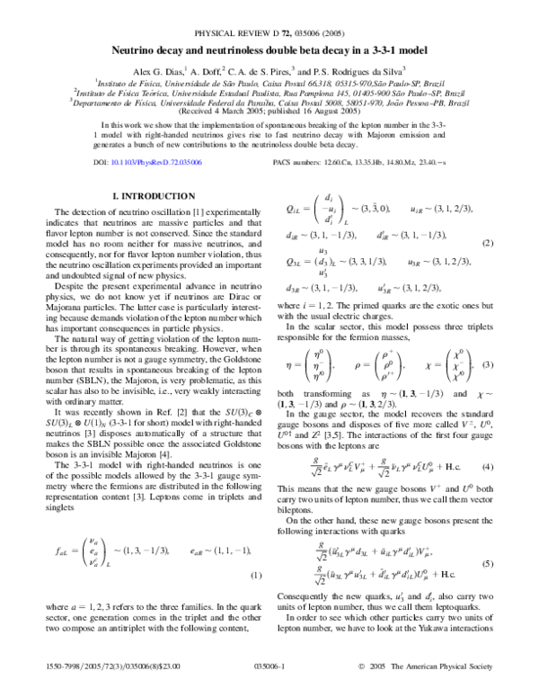 (PDF) Neutrino decay and neutrinoless double beta decay in a 3-3-1 model