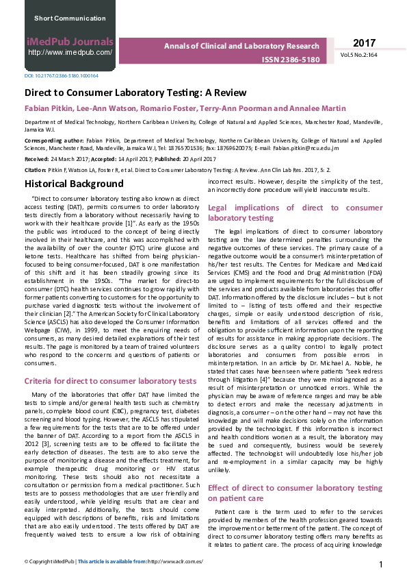 (PDF) Direct to Consumer Laboratory Testing: A Review