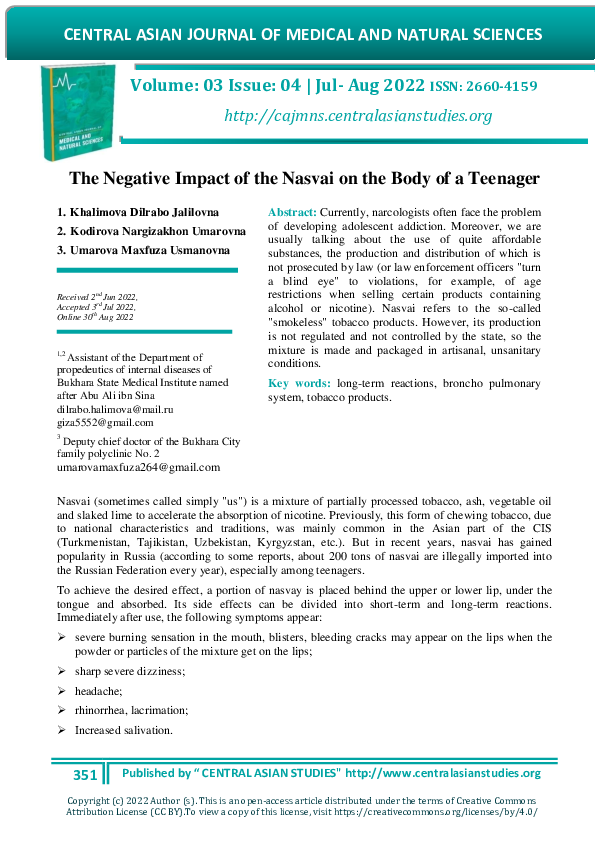(PDF) The Negative Impact of the Nasvai on the Body of a Teenager ...