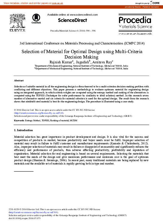 (PDF) Selection of Material for Optimal Design Using Multi-criteria Decision Making