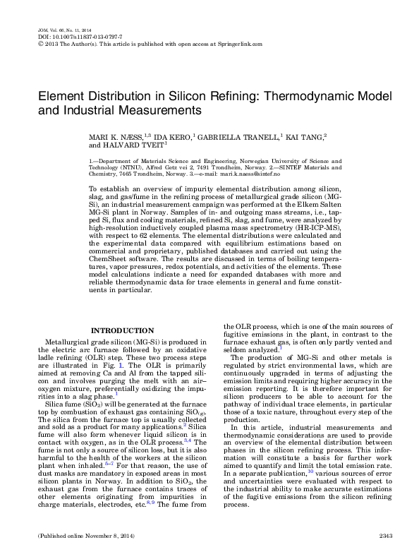 (PDF) Element Distribution in Silicon Refining: Thermodynamic Model and ...