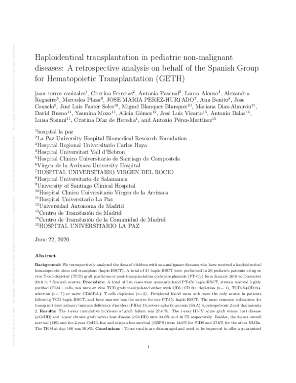 (PDF) Haploidentical transplantation in pediatric non-malignant diseases: A retrospective ...