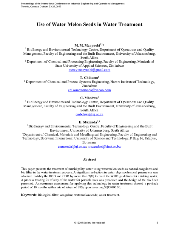 (PDF) Use of water melon seeds in water treatment