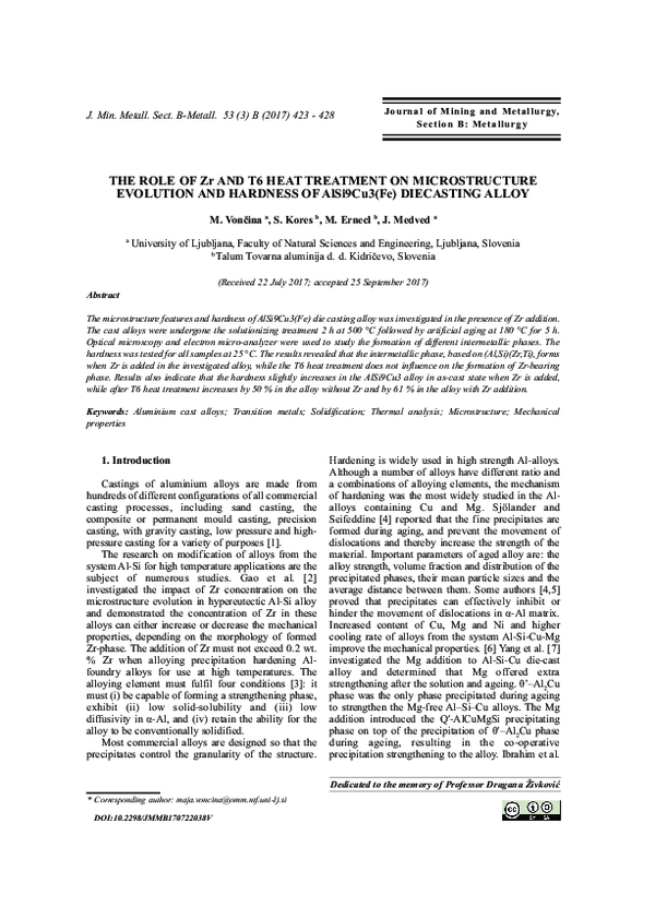 Pdf The Role Of Zr And T6 Heat Treatment On Microstructure Evolution And Hardness Of Alsi9cu3