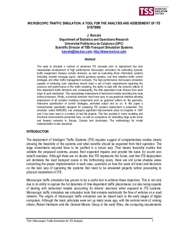 Pdf Microscopic Traffic Simulation A Tool For The Analysis And Assessment Of Its Systems