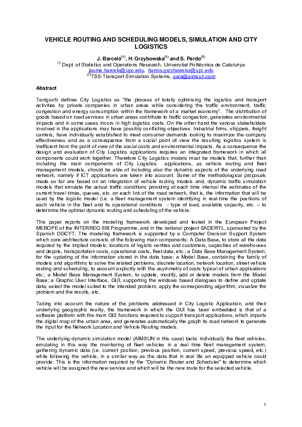(PDF) Vehicle Routing And Scheduling Models, Simulation And City Logistics