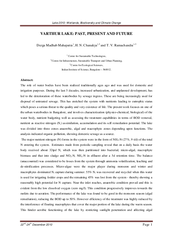 (PDF) Varthur Lake: past, present and future