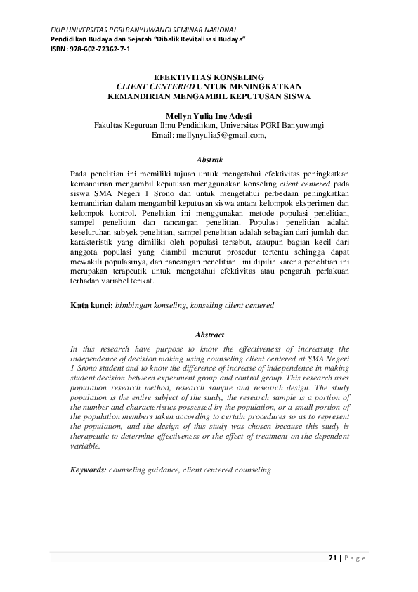 (PDF) EFEKTIVITAS KONSELING CLIENT CENTERED UNTUK MENINGKATKAN KEMANDIRIAN MENGAMBIL KEPUTUSAN SISWA