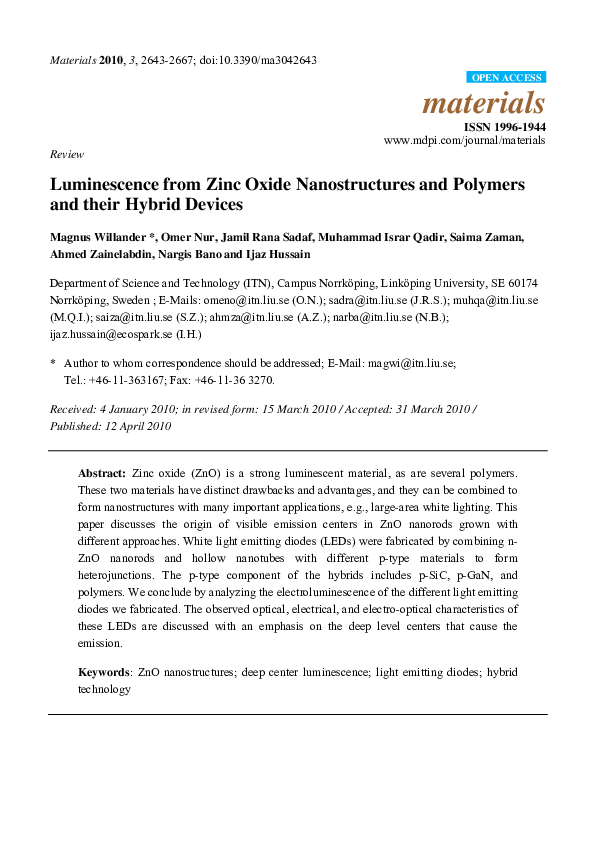 (PDF) Luminescence from Zinc Oxide Nanostructures and Polymers and their Hybrid Devices