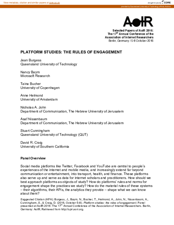(PDF) Platform Studies: The Rules of Engagement | Stuart Cunningham - Academia.edu