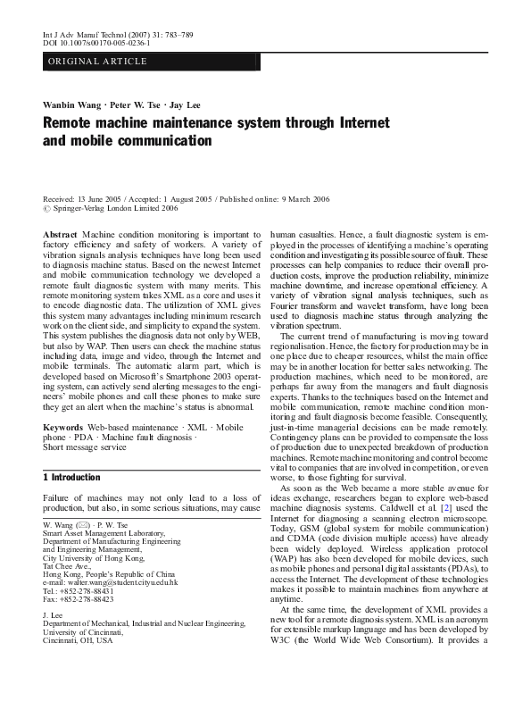 (PDF) Remote machine maintenance system through Internet and mobile ...