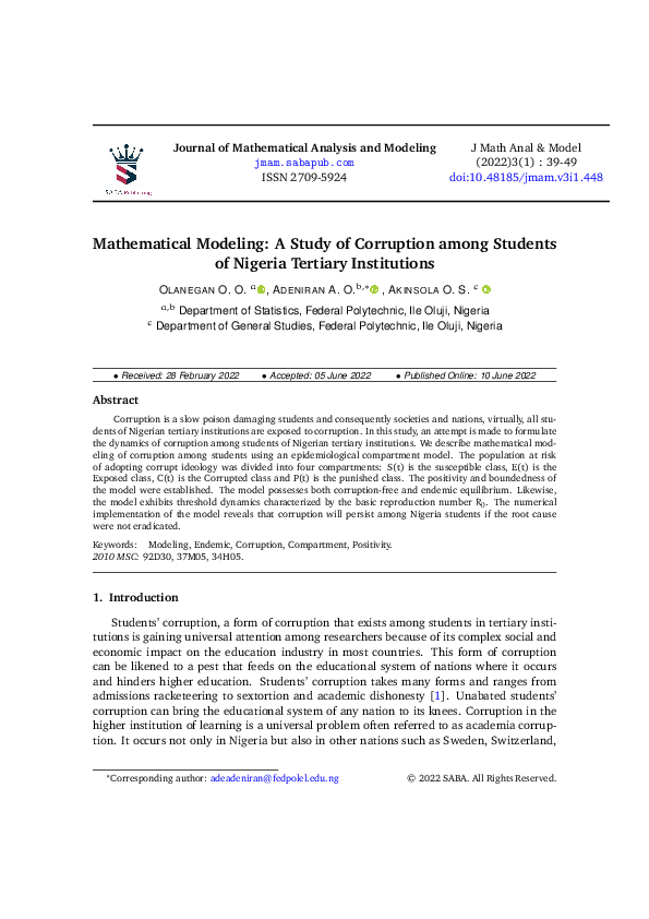 (PDF) Mathematical Modeling: A Study of Corruption among Students of ...