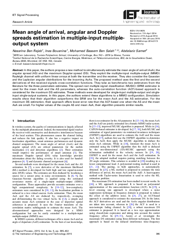 Pdf Mean Angle Of Arrival Angular And Doppler Spreads Estimation In Multiple Input Multiple