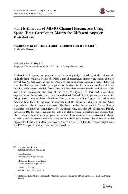 (PDF) Joint Estimation of MIMO Channel Parameters Using Space–Time Correlation Matrix for ...