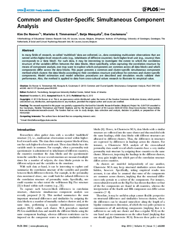 Pdf Common And Cluster Specific Simultaneous Component Analysis