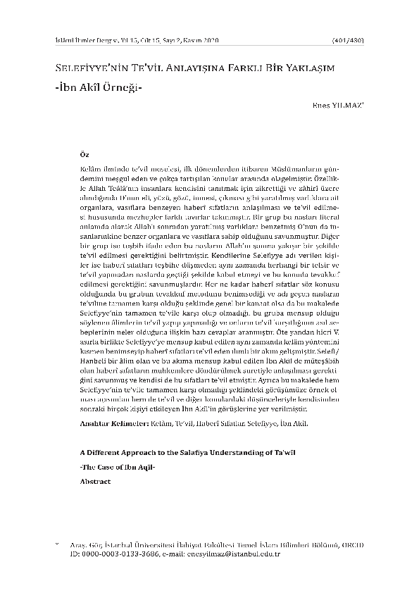 (PDF) Selefiyye nin Te vil Anlayısına Farklı Bir Yaklasım Ibn Akil Ornegi