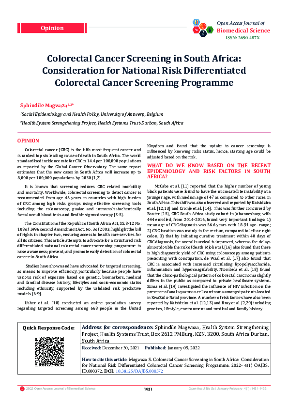 (PDF) Colorectal Cancer Screening in South Africa: Consideration for ...