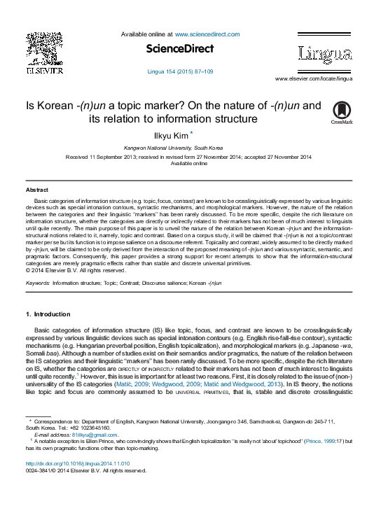 (PDF) Is Korean -(n)un a topic marker? On the nature of -(n)un and its ...