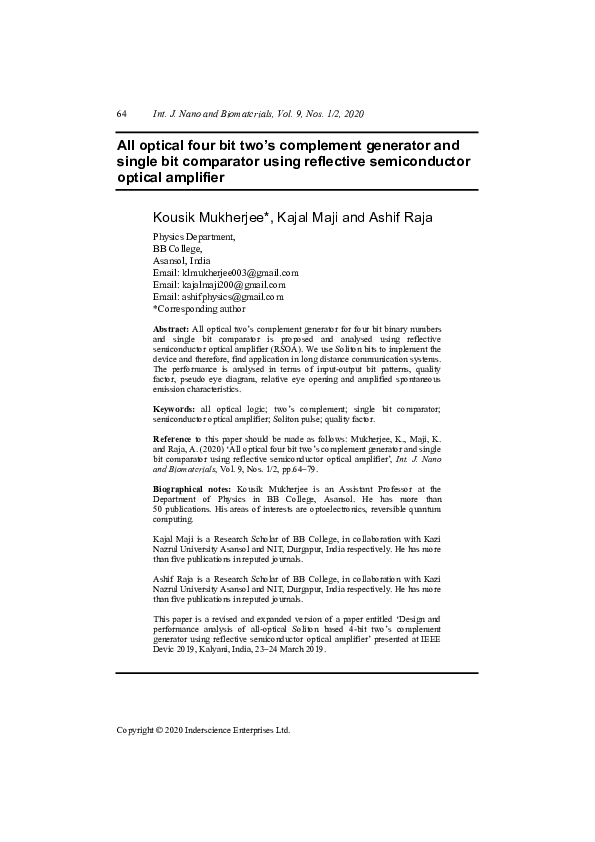 (PDF) All optical four bit two's complement generator and single bit comparator using reflective ...
