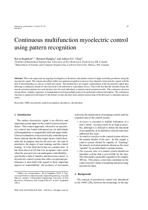 Pdf Continuous Multifunction Myoelectric Control Using Pattern Recognition B Hudgins 8592