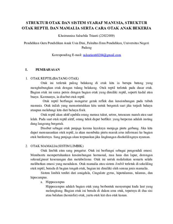 (DOC) STRUKTUR OTAK DAN SISTEM SYARAF MANUSIA, STRUKTUR OTAK REPTIL DAN ...