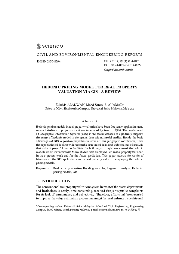 (PDF) Hedonic Pricing Model for Real Property Valuation via GIS - A Review