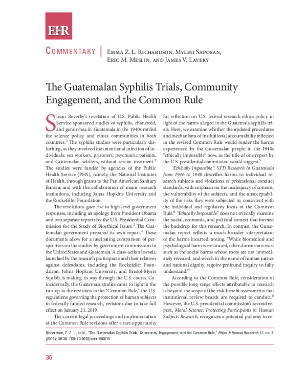 (PDF) The Guatemalan Syphilis Trials, Community Engagement, and the ...