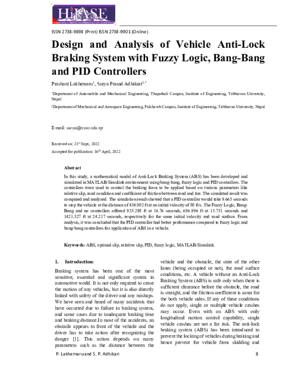 (PDF) Design and Analysis of Vehicle Anti-Lock Braking System with Fuzzy Logic, Bang-Bang and ...