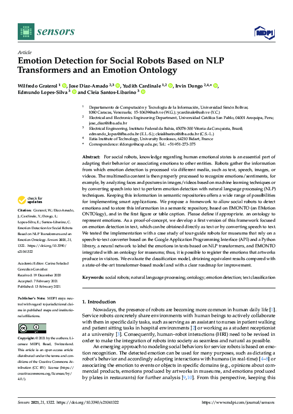 (PDF) Emotion Detection for Social Robots Based on NLP Transformers and ...