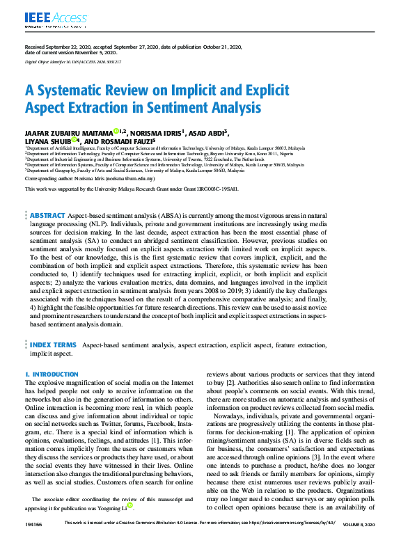 (PDF) A Systematic Review on Implicit and Explicit Aspect Extraction in Sentiment Analysis