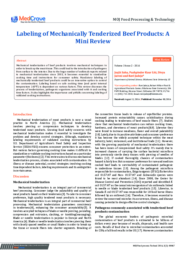 (PDF) Labeling of Mechanically Tenderized Beef Products: A Mini Review