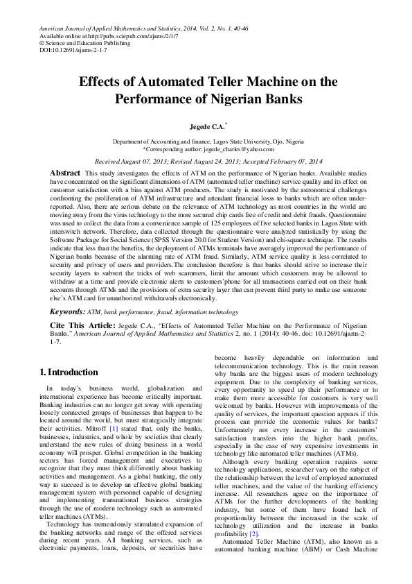 (PDF) Effects of Automated Teller Machine on the Performance of Nigerian Banks